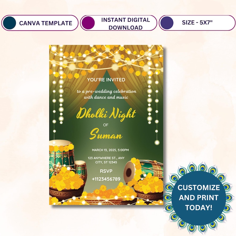 Dholki Invitation 5x7", Editable Colorful Invitation for Dholki Night ...
