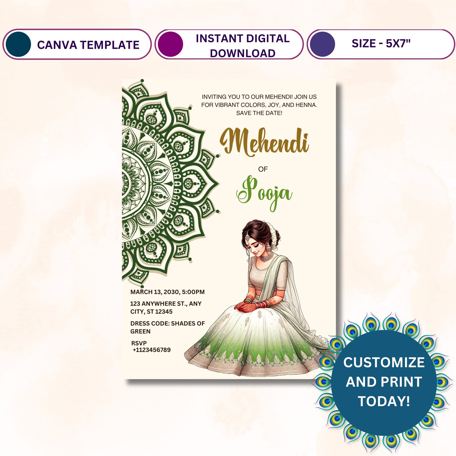 Mehndi Invitation 5x7", Editable Invitation for Mehendi Night, Mehendi ...