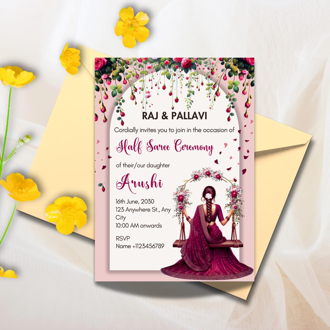 Half Saree Invitation 5x7", Editable Half Saree Ceremony Invitation ...