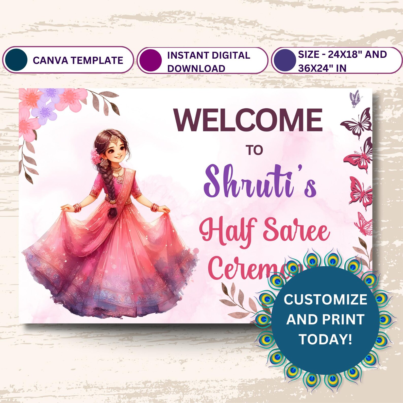 Elegant Half Saree Ceremony Welcome Sign, South Indian Puberty Ceremony ...