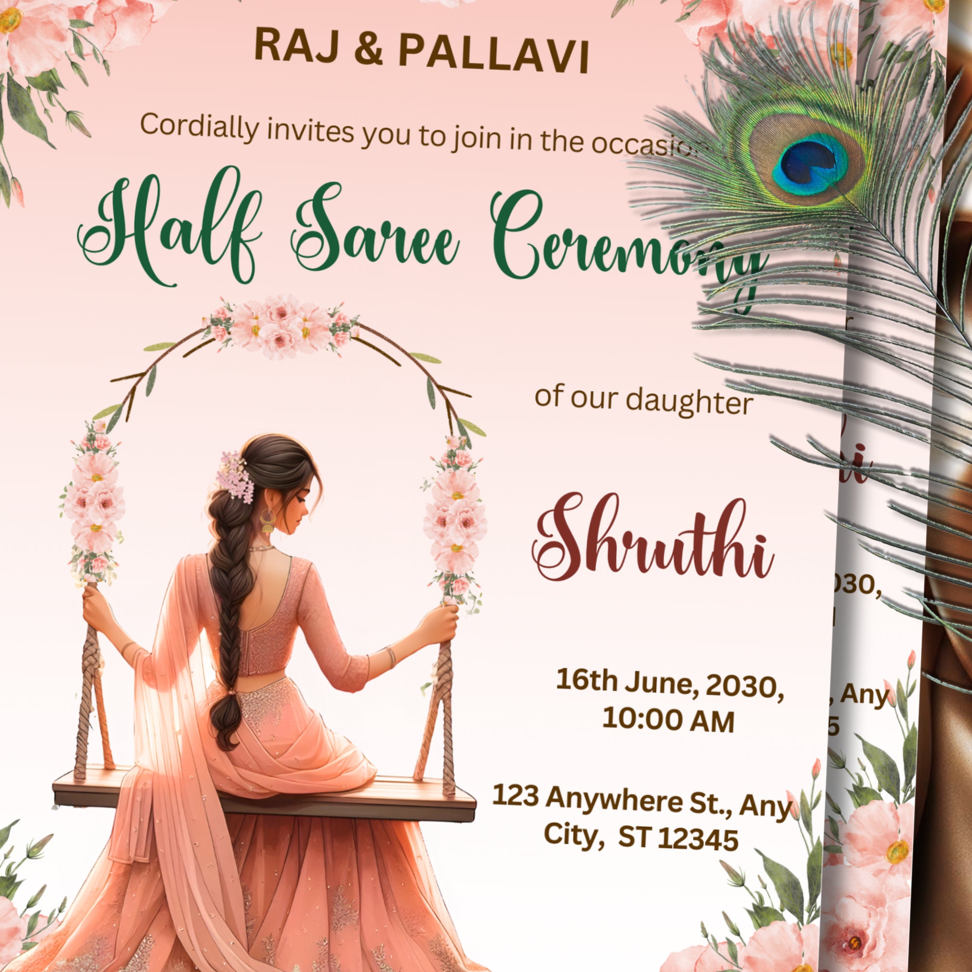 Half Saree Invitation 5x7, Editable Half Saree Ceremony Invitation ...