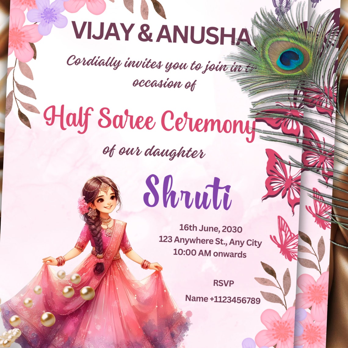 Half Saree Invitation 5x7, Editable Half Saree Ceremony Invitation ...
