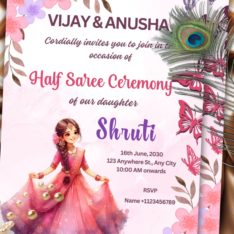 Half Saree Invitation 5x7, Editable Half Saree Ceremony Invitation ...