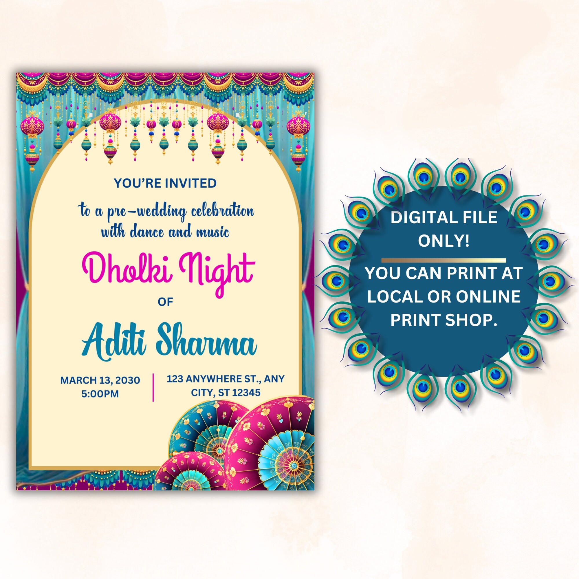 Dholki Invitation 5x7, Editable Colorful Invitation for Dholki Night ...
