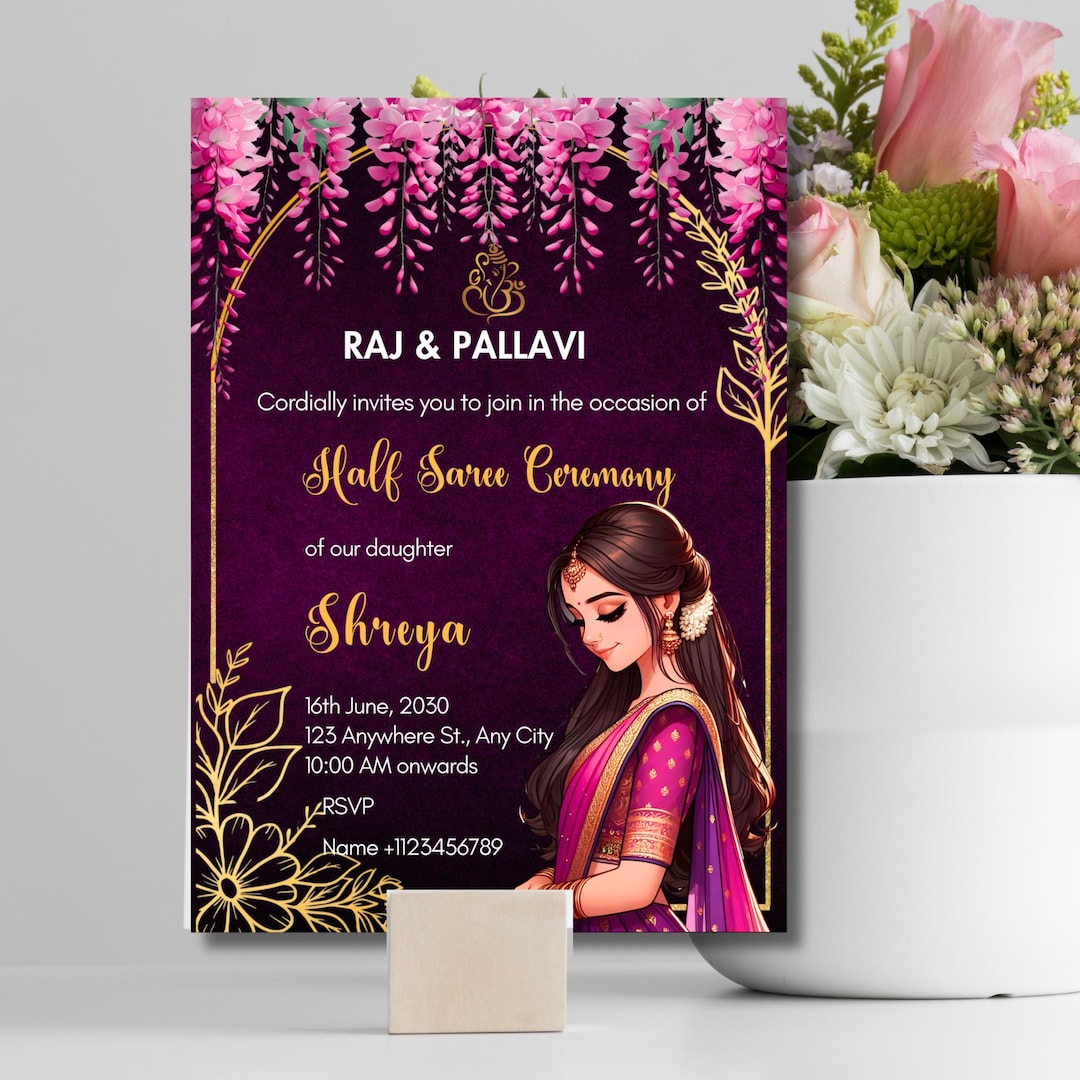 Half Saree Invitation 5x7", Editable Half Saree Ceremony Invitation ...