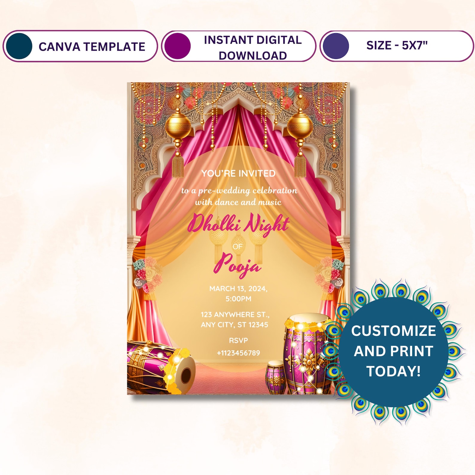 Dholki Invitation, Editable Colorful Invitation for Dholki Night ...