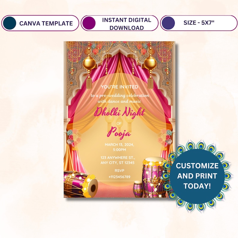 Dholki Invitation, Editable Colorful Invitation for Dholki Night ...