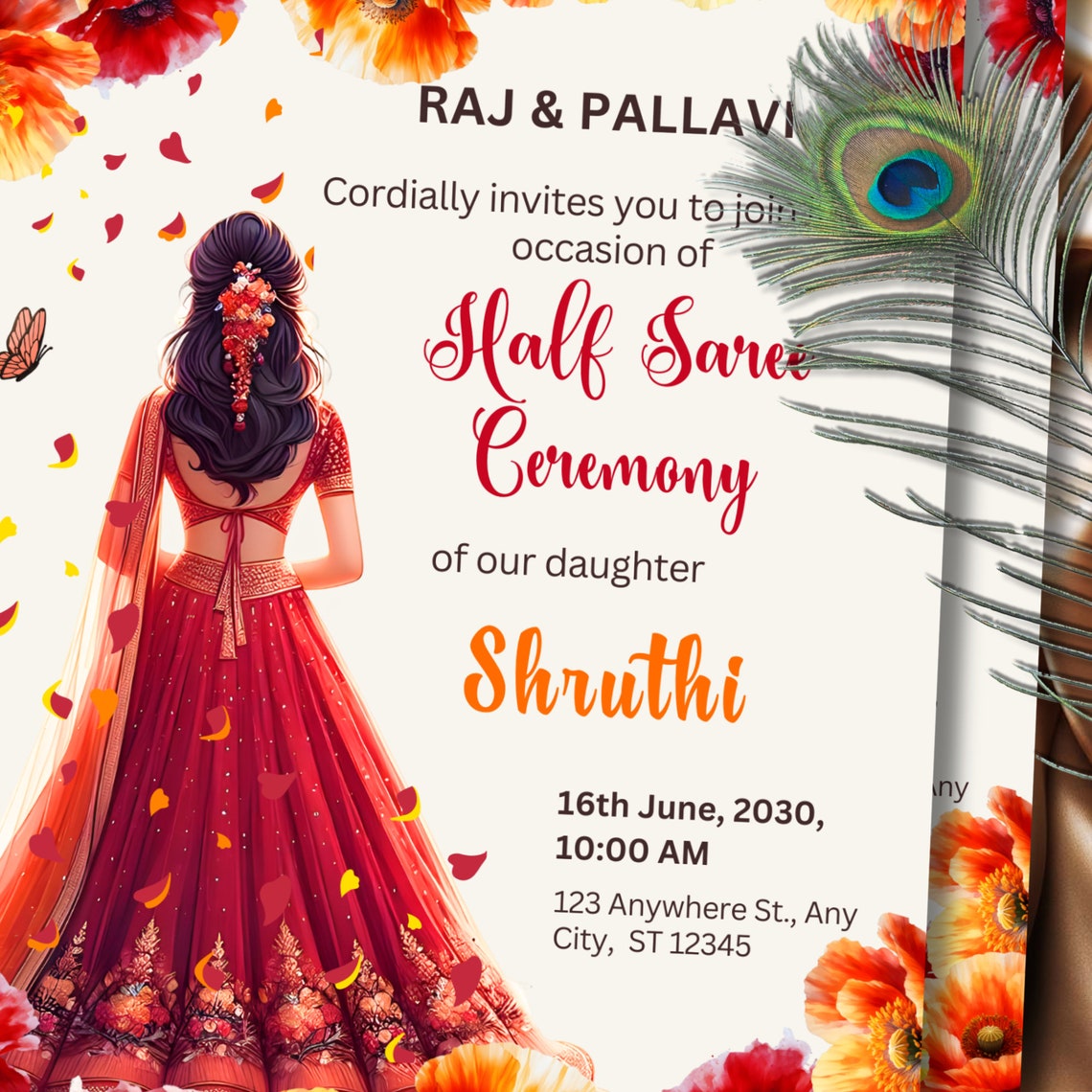 Half Saree Invitation 5x7, Editable Half Saree Ceremony Invitation ...