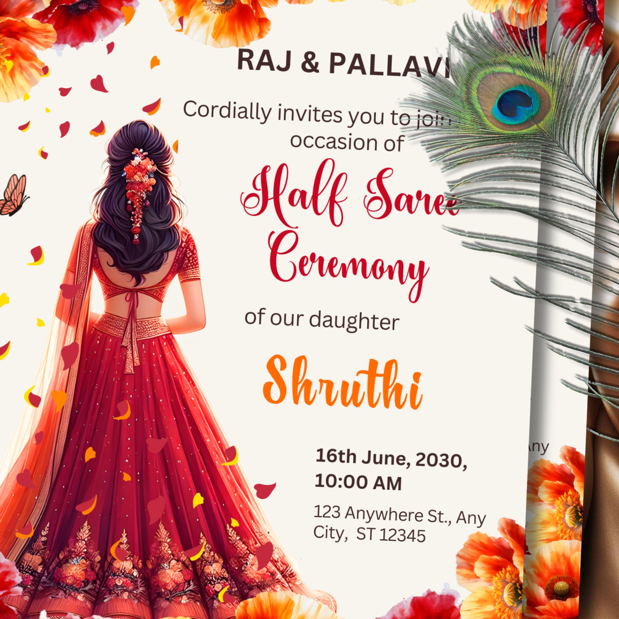 Half Saree Invitation 5x7, Editable Half Saree Ceremony Invitation ...