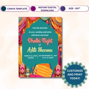 Dholki Invitation 5x7", Editable Colorful Invitation for Dholki Night ...