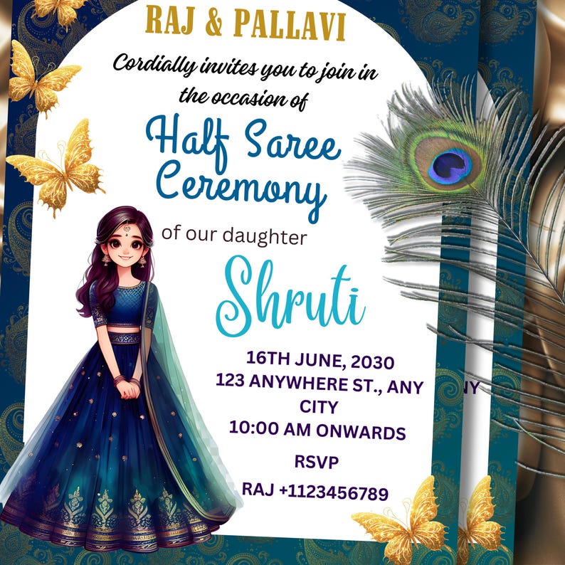 Half Saree Invitation 5x7", Editable Half Saree Ceremony Invitation ...