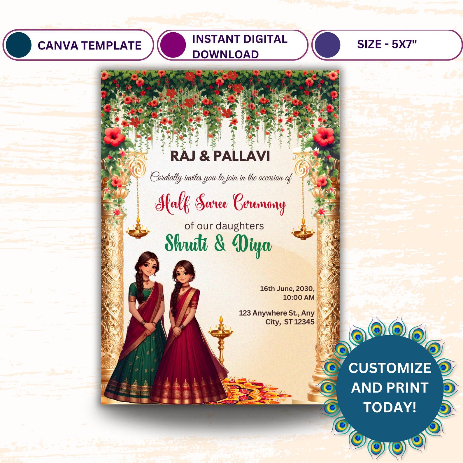 Sisters Half Saree Invitation 5x7", Editable Half Saree Ceremony ...