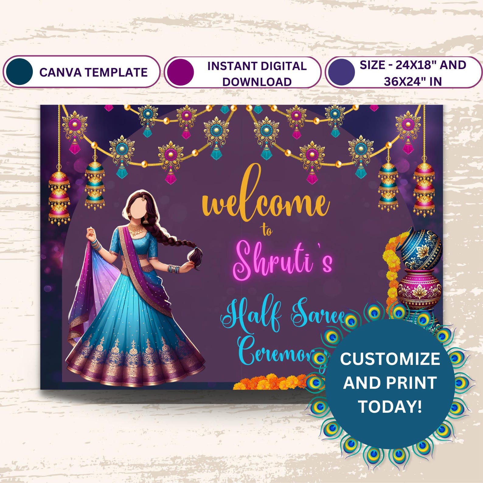Half Saree Ceremony Welcome Sign, South Indian Puberty Ceremony or Half ...