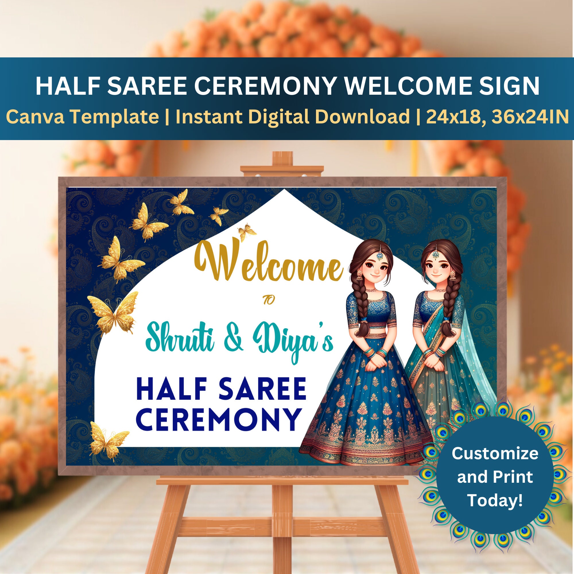 Elegant Half Saree Ceremony Welcome Sign for Twins, South Indian ...