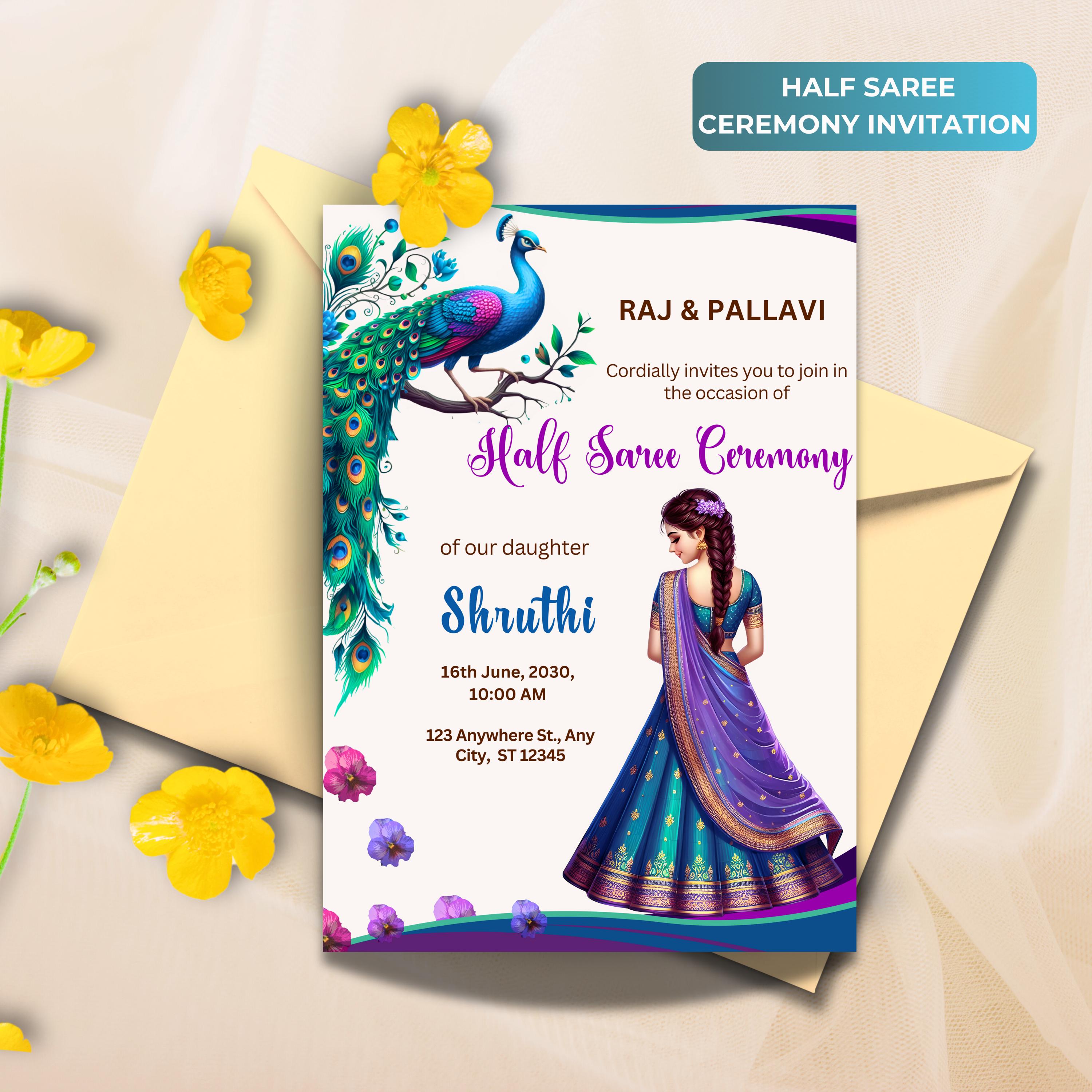 Half Saree Invitation 5x7", Editable Half Saree Ceremony Invitation ...