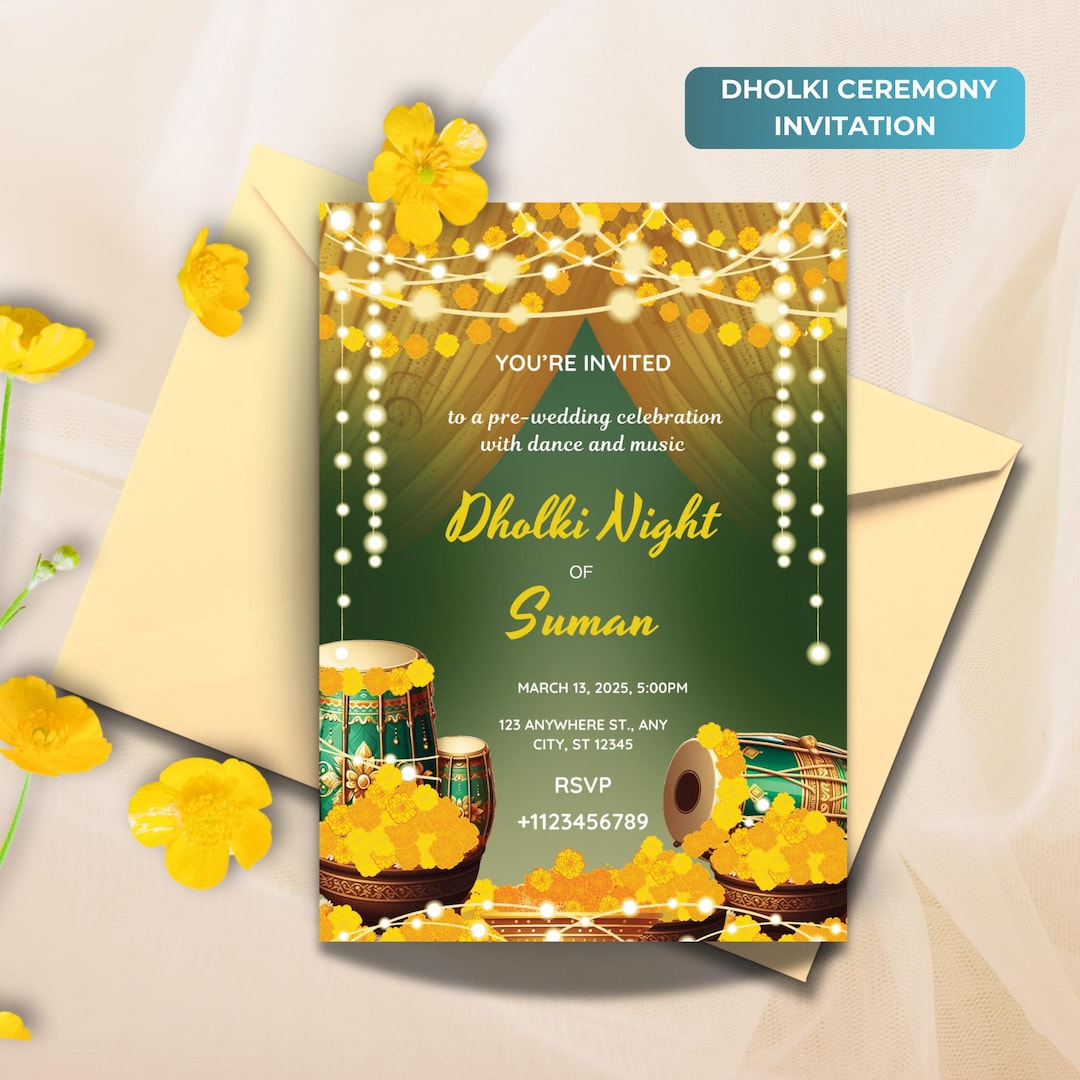 Dholki Invitation 5x7", Editable Colorful Invitation for Dholki Night ...