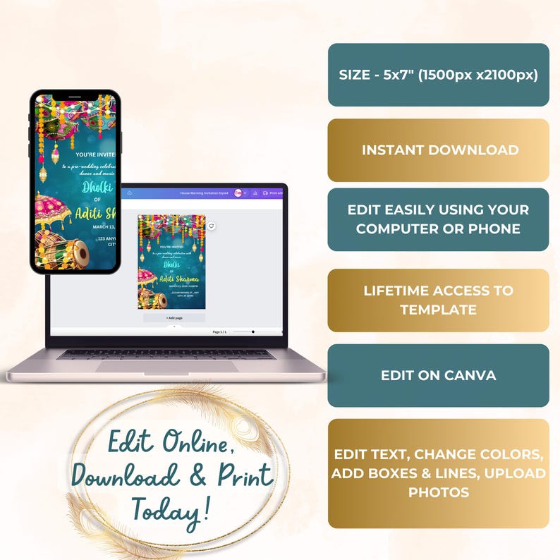 Dholki Invitation 5x7", Editable Colorful Invitation for Dholki Night ...