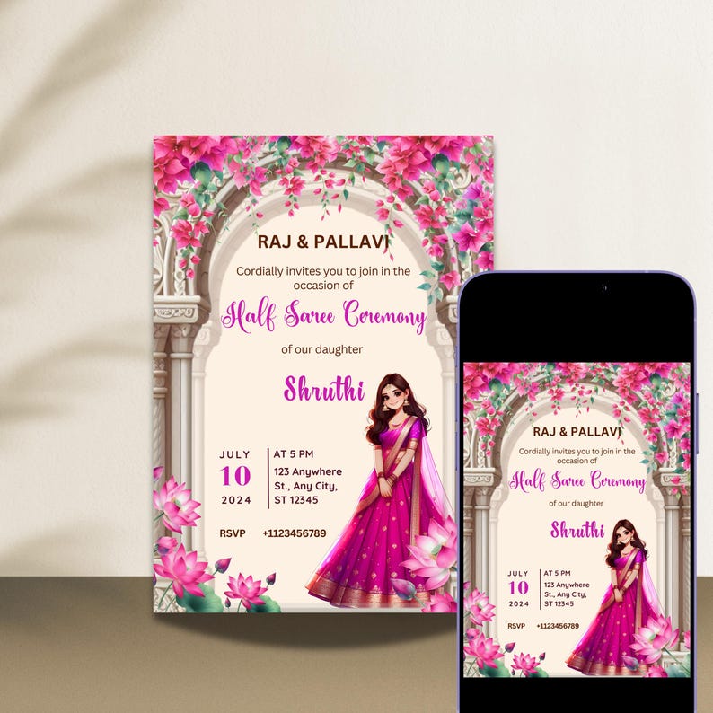 Half Saree Invitation 5x7", Editable Half Saree Ceremony Invitation ...