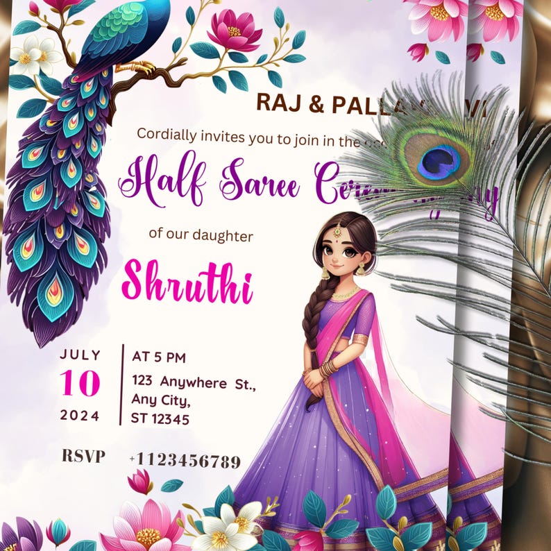 Half Saree Invitation 5x7", Editable Saree Ceremony Invitation, Puberty ...