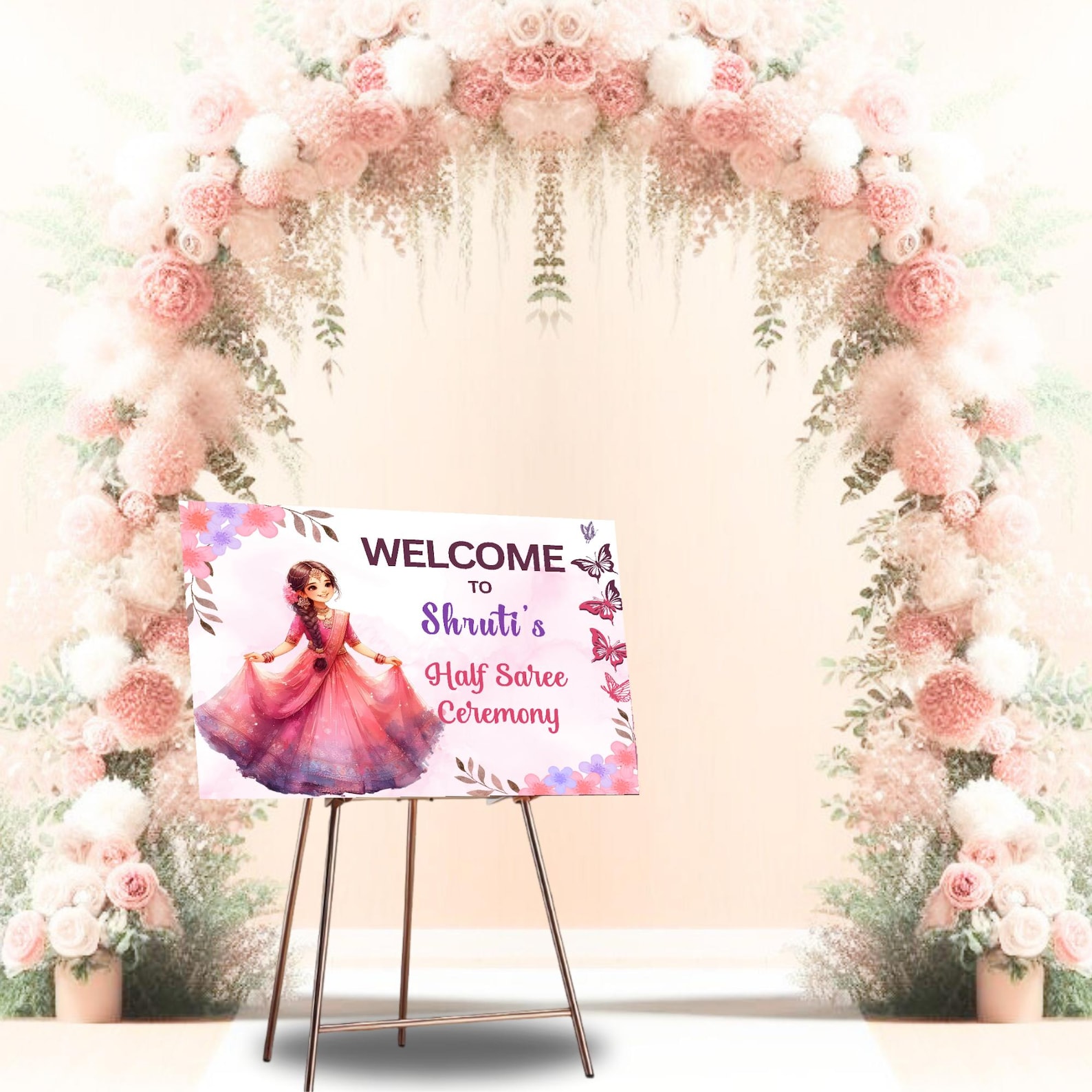 Elegant Half Saree Ceremony Welcome Sign, South Indian Puberty Ceremony ...
