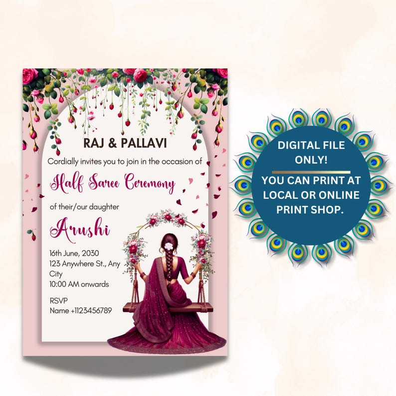 Half Saree Invitation 5x7", Editable Half Saree Ceremony Invitation ...