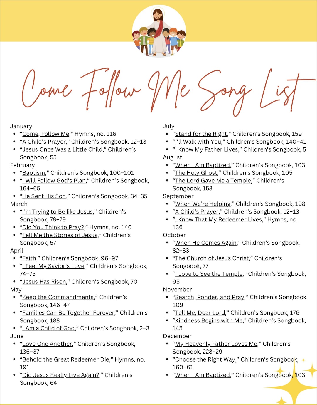 Primary Song List LDS Come Follow Me Songs for Music Leaders 2025 ...
