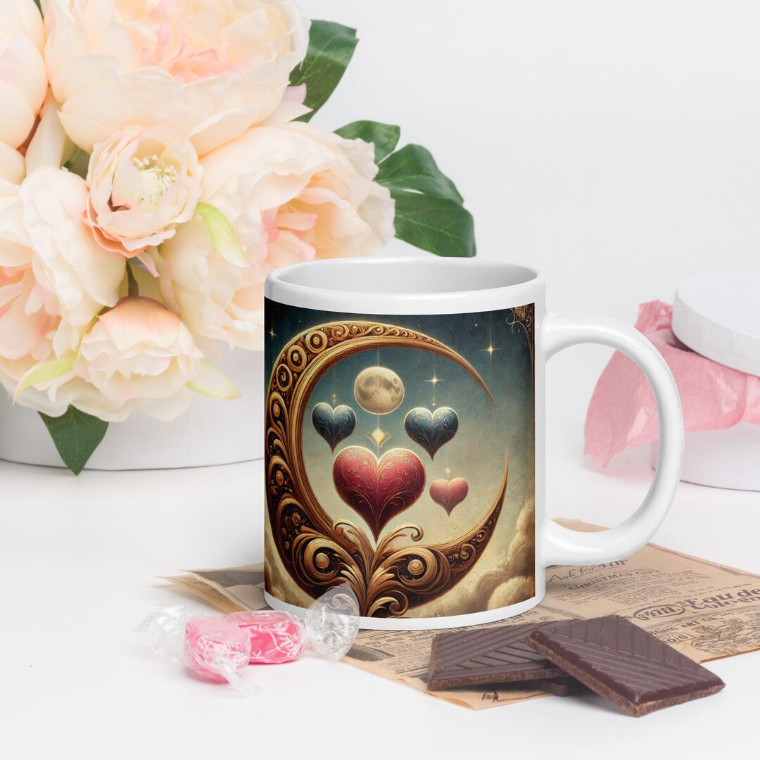 Celestial Heart and Moon Mug - Romantic Cosmic Art Ceramic Coffee Cup ...