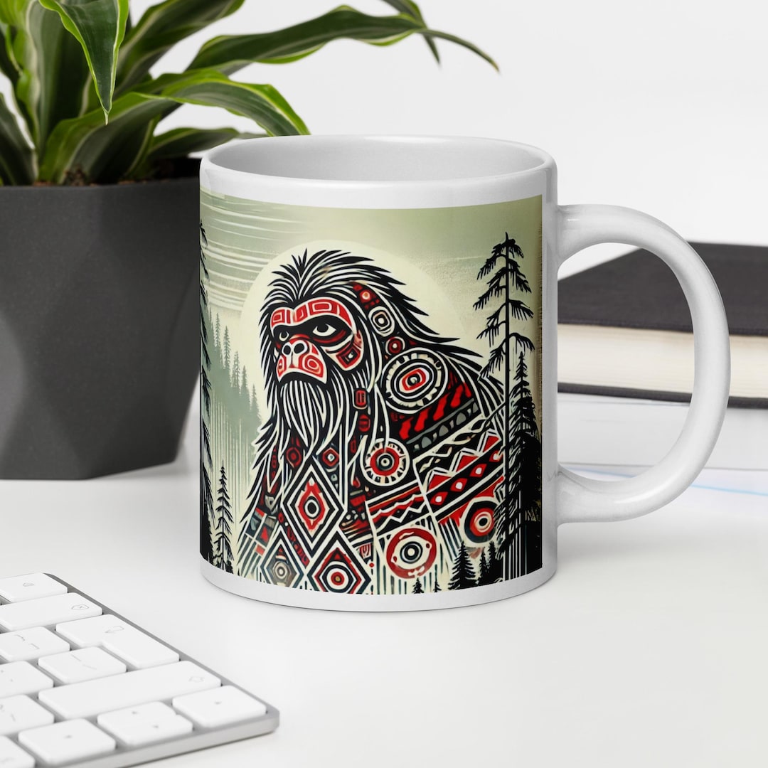 Tribal Bigfoot Ceramic Mug - Unique Forest Sasquatch Art, 3 Size ...