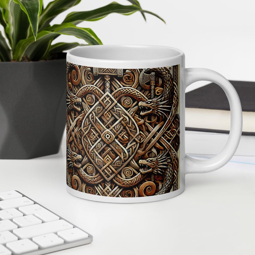 Viking Dragon Knot Mug - Nordic Celtic Art Ceramic Coffee Cup, 3 Size ...