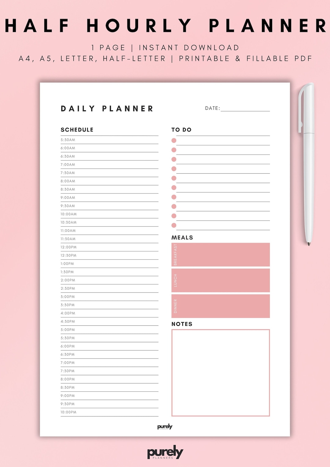 Half Hourly Daily Planner Printable, to Do List, Work & Personal ...