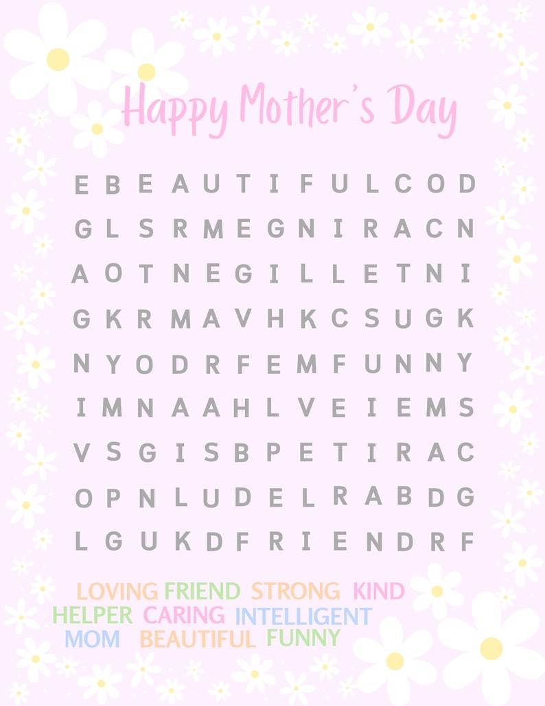 Mother's Day Word Search Mom Attributes Puzzle Mother's Day Games for ...