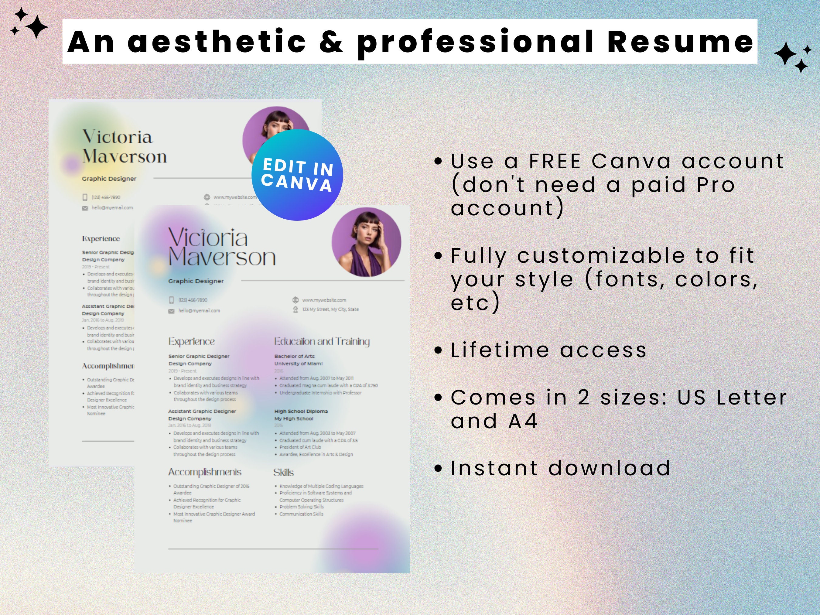 Gradient Aesthetic Resume Template - CANVA TEMPLATE - Etsy
