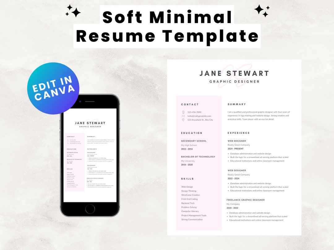 Soft Blush Minimalistic Resume Template - CANVA TEMPLATE - Etsy