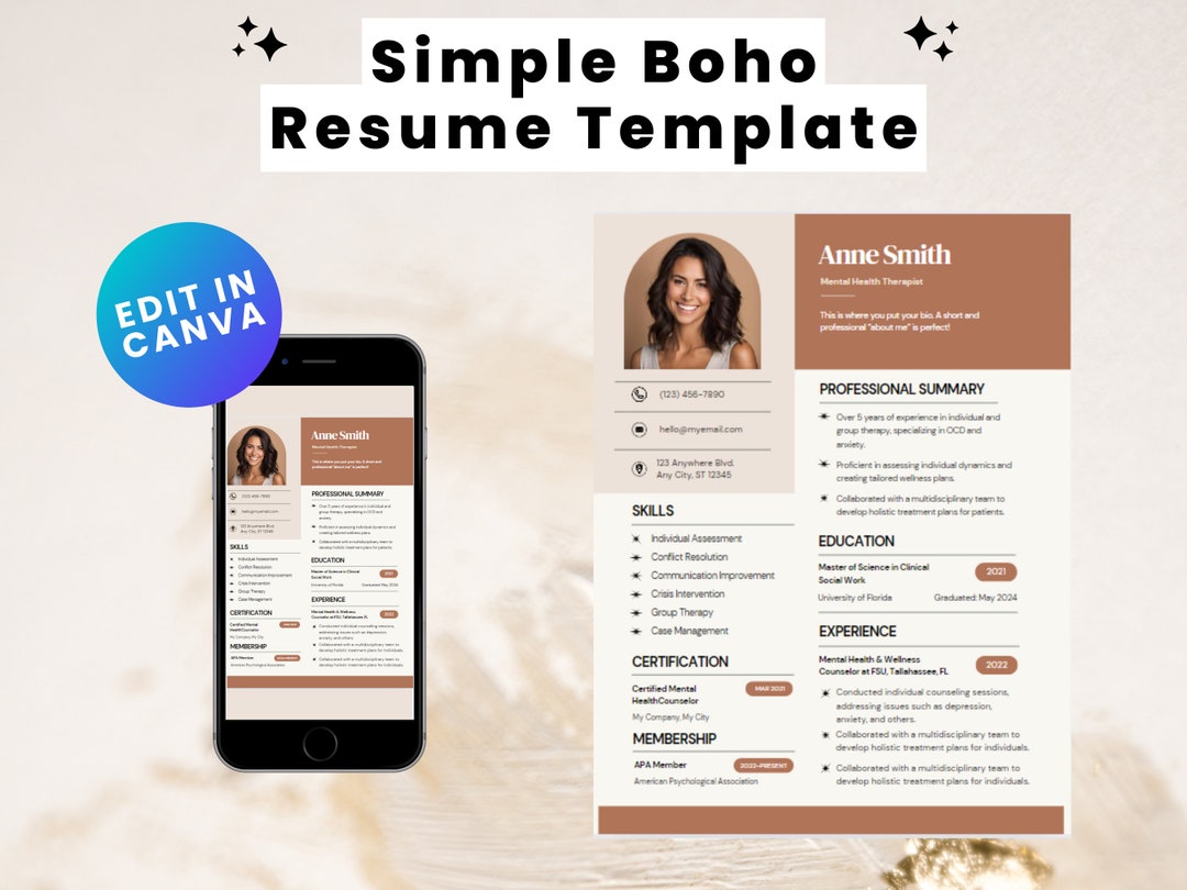Simple Boho Resume Template - CANVA TEMPLATE - Etsy