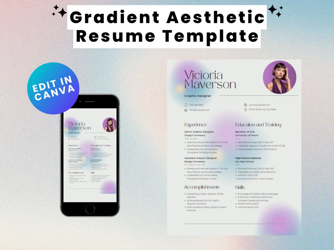 Gradient Aesthetic Resume Template - CANVA TEMPLATE - Etsy