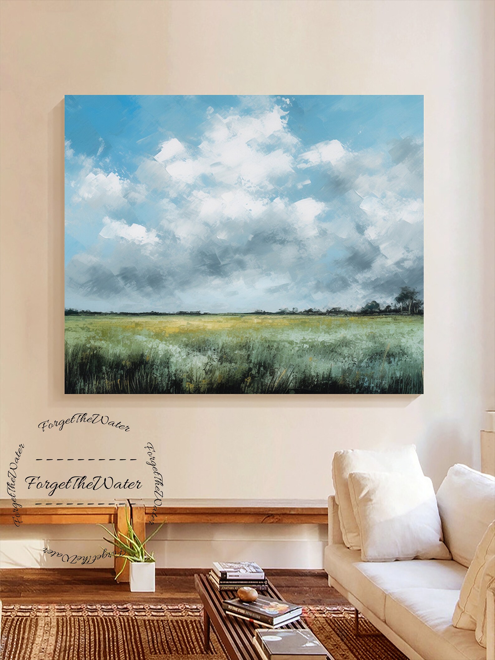 Blue Sky White Cloud Grassland Landscape Oil Painting,green Grassland ...