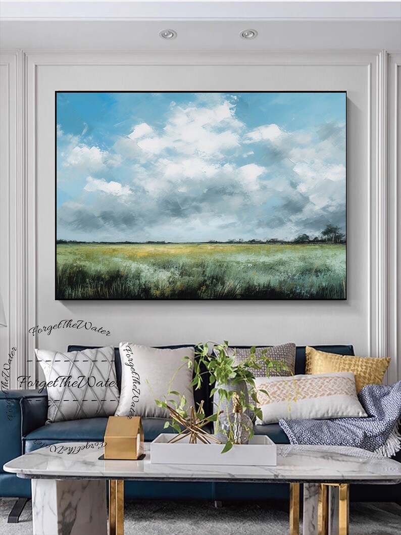 Blue Sky White Cloud Grassland Landscape Oil Painting,green Grassland ...