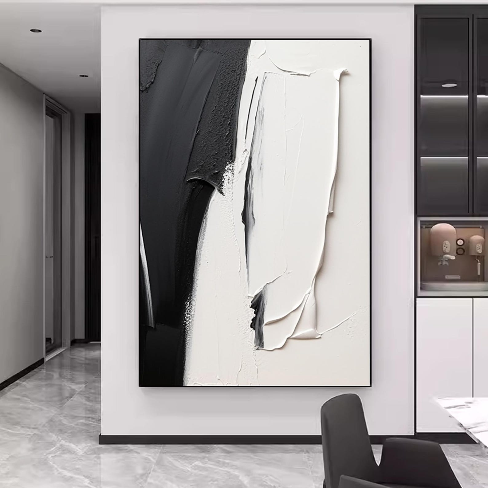 Large Black and White Abstract Painting, 3D White Heavy Texture ...