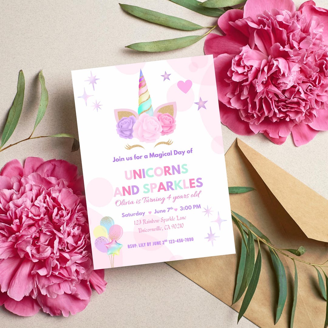 Editable Unicorn Rainbow Birthday Invitation Unicorns Rainbows Sparkles ...