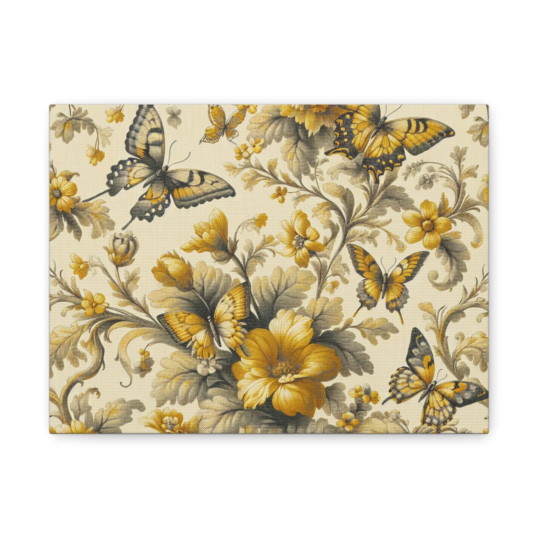 Yellow Toile De Jouy Wall Art, Butterflies Wall Art, Toile De Jouy ...