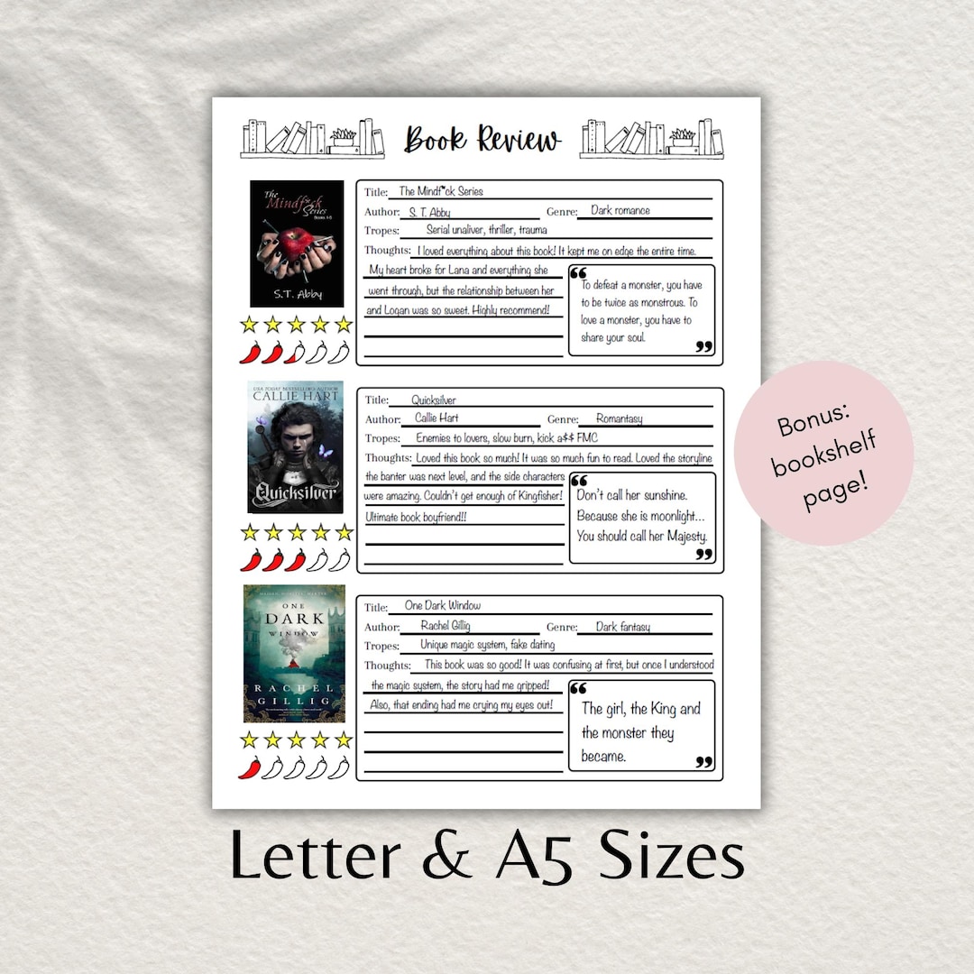 Book Review Template, Printable PDF, Reading Journal, Log, Book Tracker ...