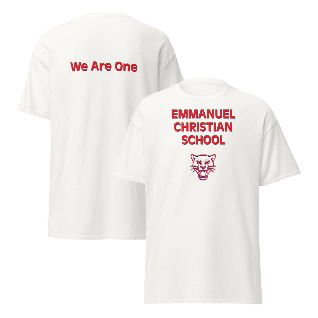 Emmanuel Christian School Logo Front and Back White T-shirt With Red ...