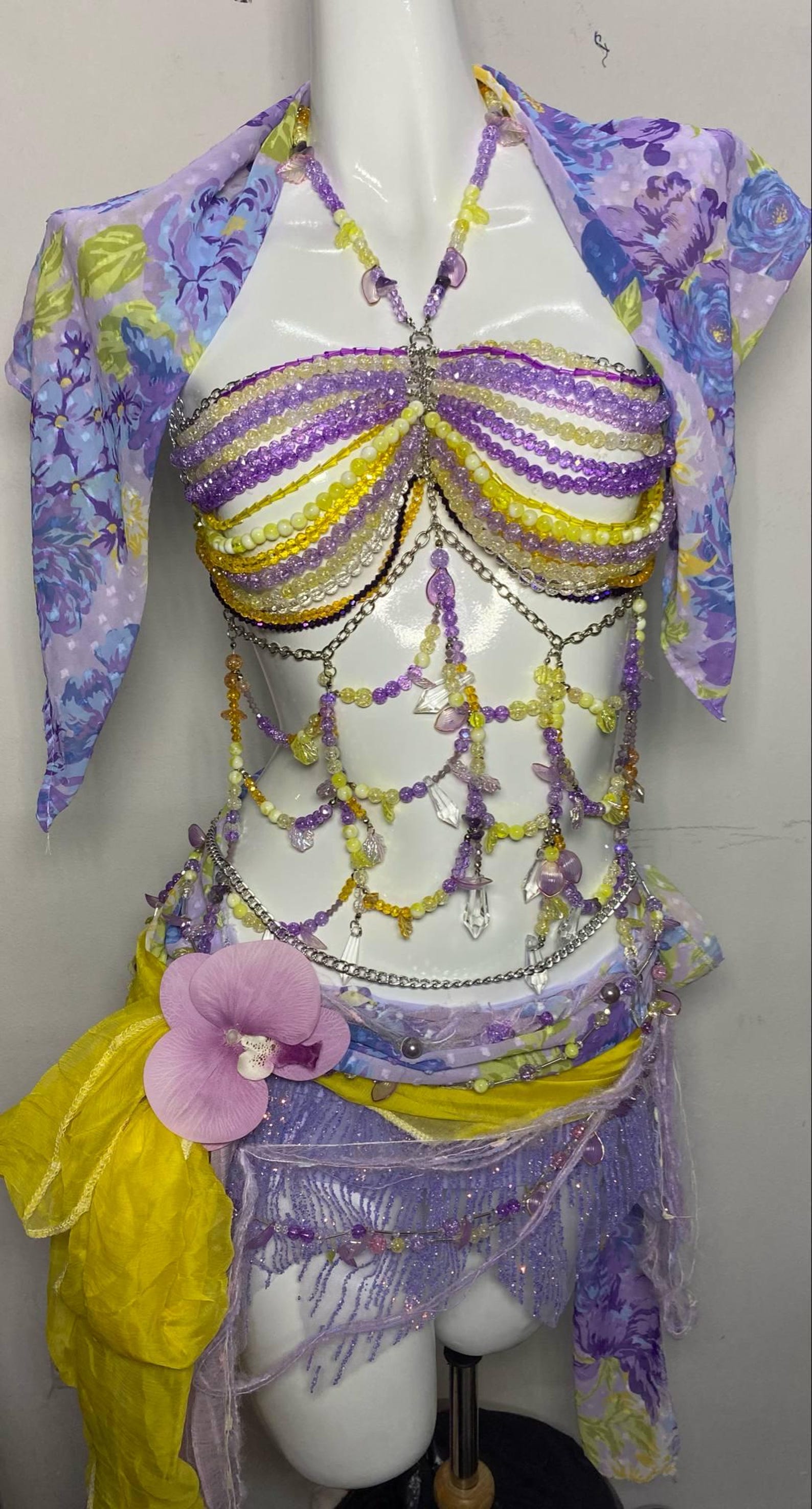 Beaded Stone Bra Outfit: Handmade Rave Bikini, Metallic Pareo & Flower ...