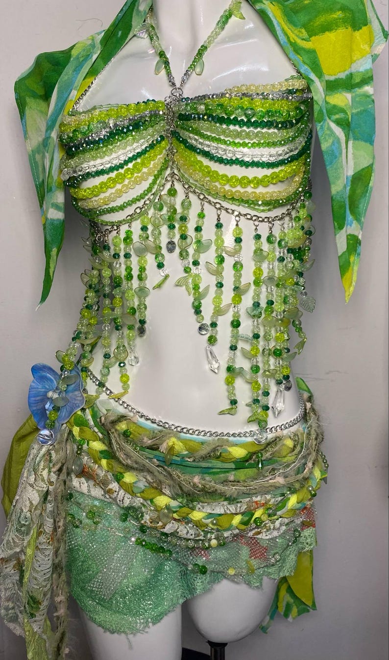 Beaded Stone Bra Outfit: Handmade Rave Bikini, Metallic Pareo & Flower ...
