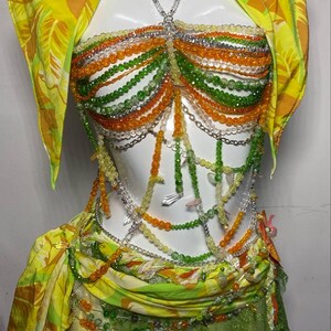 Beaded Stone Bra Outfit: Handmade Rave Bikini, Metallic Pareo & Flower ...