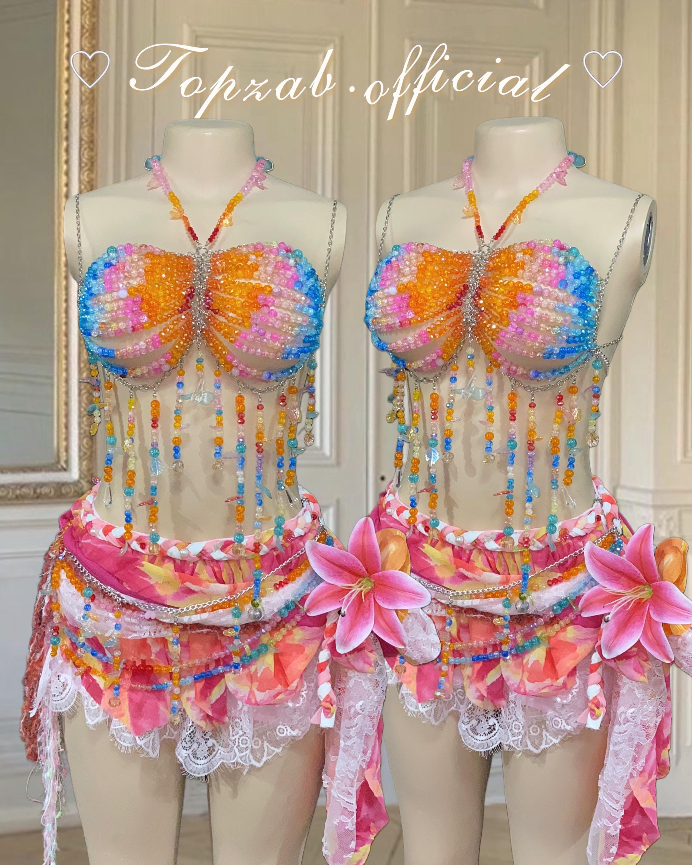 Beaded Stone Bra Outfit: Handmade Rave Bikini, Metallic Pareo & Flower ...