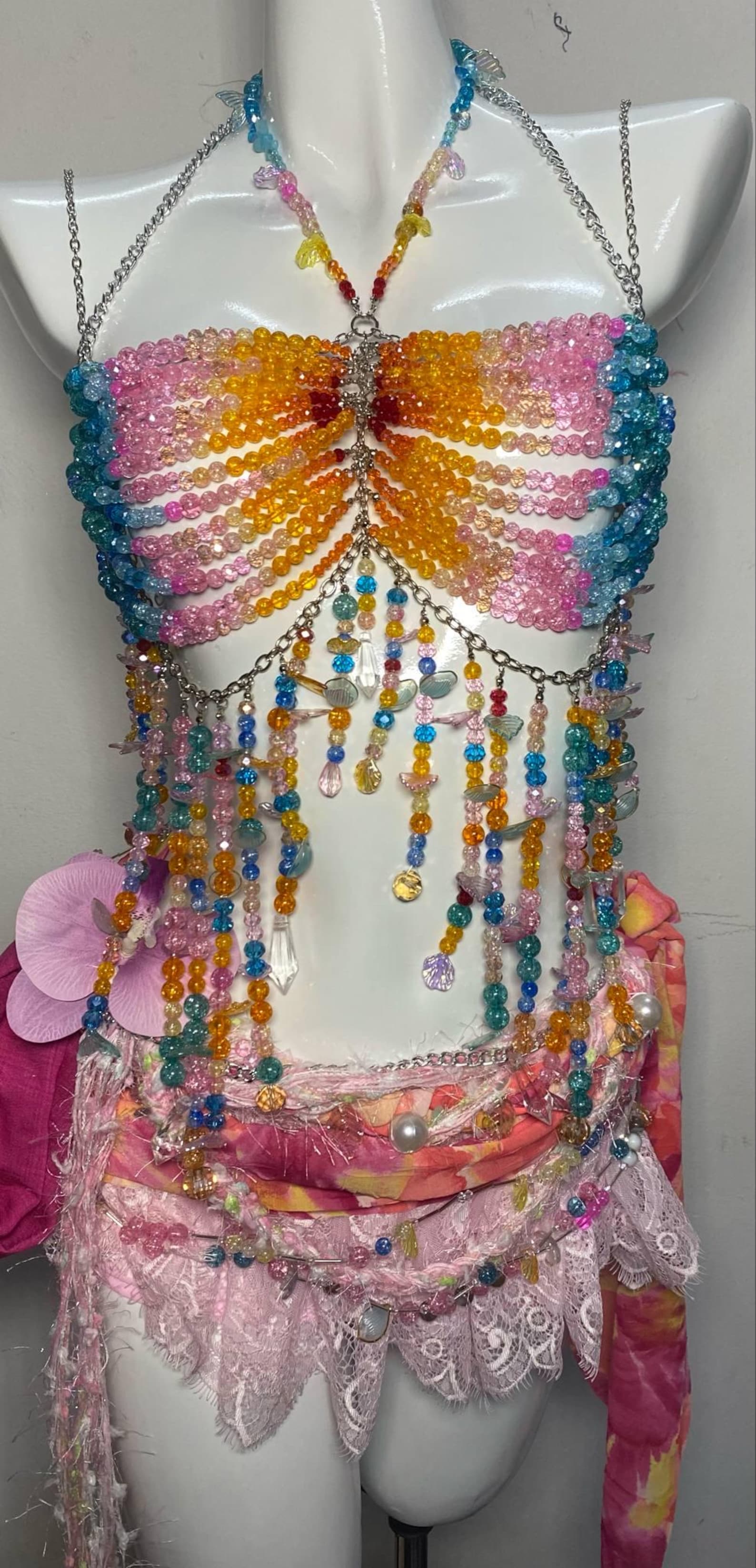 Beaded Stone Bra Outfit: Handmade Rave Bikini, Metallic Pareo & Flower ...