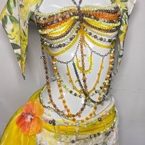 Beaded Stone Bra Outfit: Handmade Rave Bikini, Metallic Pareo & Flower ...