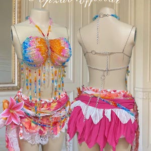 Beaded Stone Bra Outfit: Handmade Rave Bikini, Metallic Pareo & Flower ...