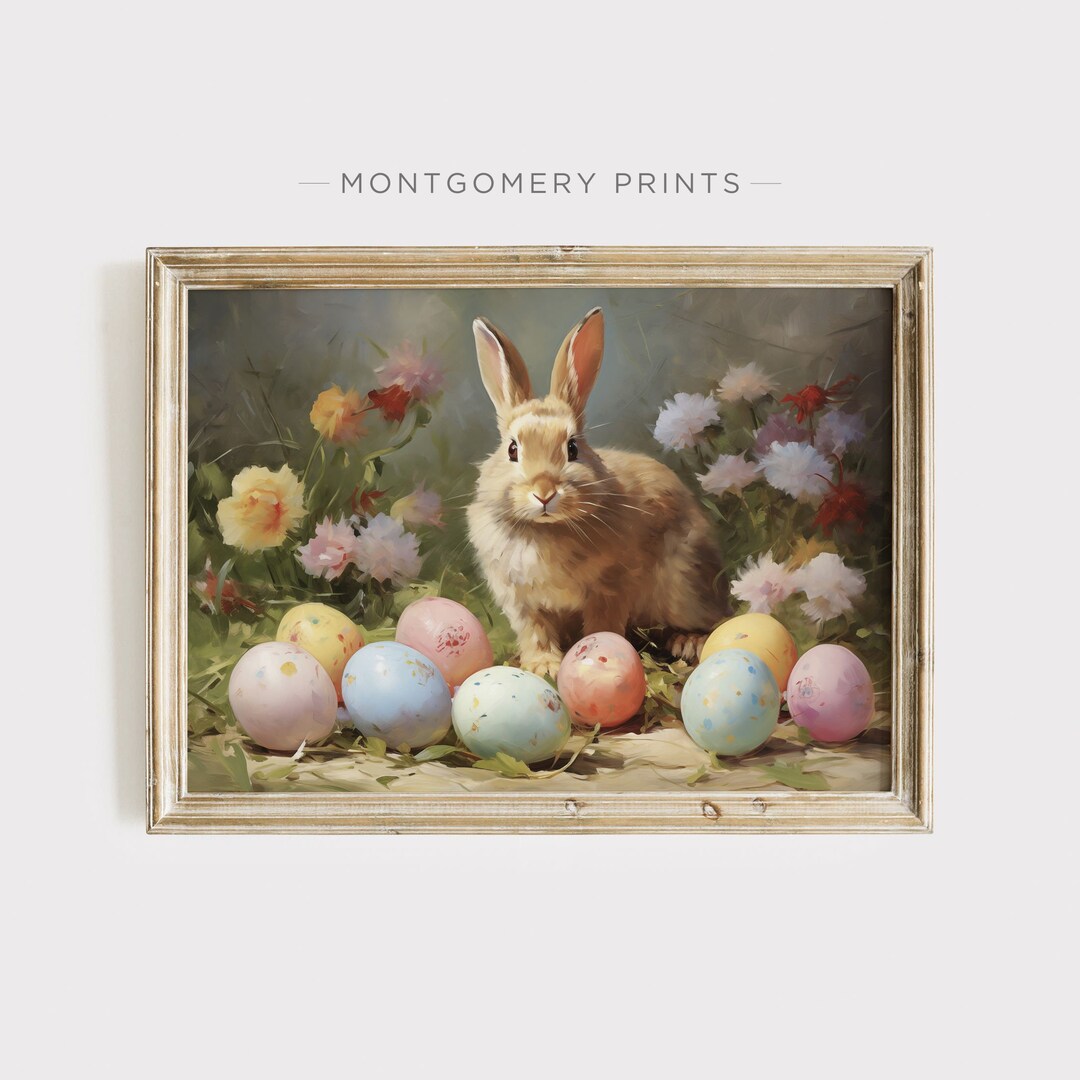 Digital Print Easter Bunny & Eggs Wall Art, Spring Celebration Oil ...